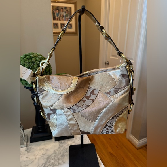 Coach | Bags | Coach Nwt Carly Patchwork Hobo Bag Gold Khaki Brown With Gold Hardware | Poshmark